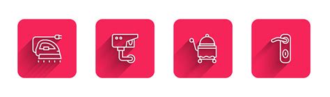 세트 라인 전기 다리미 보안 카메라 긴 그림자가 있는 트레이 및 도어 핸들로 덮여 있습니다 빨간색 사각형 버튼입니다 벡터 가리기에 대한 스톡 벡터 아트 및 기타 이미지