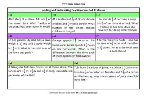 Adding And Subtracting Fractions Worded Problems Pdf