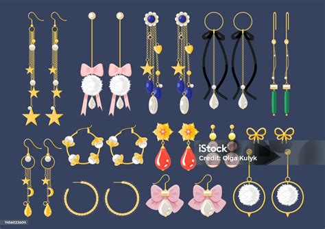 골드 귀걸이 보석 벡터 세트입니다 골드 다이아몬드 진주 보석 펜던트와 활 액세서리 벡터 일러스트 스터드 후프 드롭 댕글 귀걸이 개인 장식품에 대한 스톡 벡터 아트 및 기타