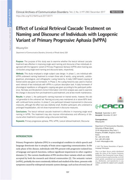 Pdf Effect Of Lexical Retrieval Cascade Treatment On Naming And Discourse Of Individuals With