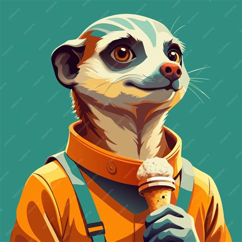 Hyper Realistic A Meerkat Wearing A Jumpsuit Holding An Ice Cream Cone View Profile Super Cute