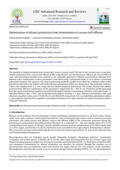 Pdf Optimization Of Ethanol Production From Fermentation Of Cassava Mill Effluent