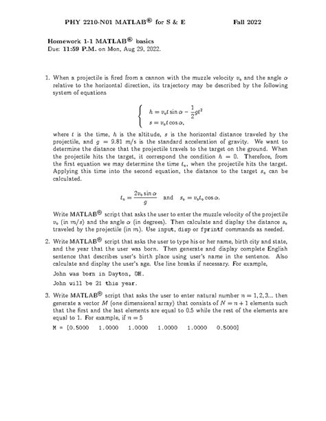 Phy 2210 Matlab Homework 1 1 Phy 2210 N01 Matlab ©r For S And E Fall 2022 Homework 1 1 Matlab ©r