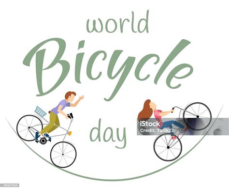 사이클리스트 캐릭터 한 남자와 한 여자가 자전거를 타고 있다 세계 자전거의 날 축하 배너 포스터 배경 6월에 대한 스톡 벡터