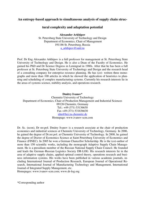 Pdf An Entropy Based Approach To Simultaneous Analysis Of Supply Chain Structural Complexity