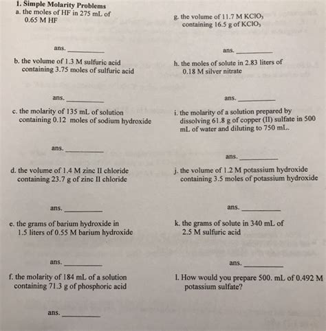 Solved 1 Simple Molarity Problems A The Moles Of Hf In 275