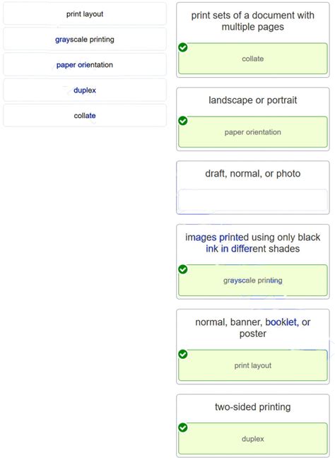 Match The Common Printer Configuration Options To The Correct