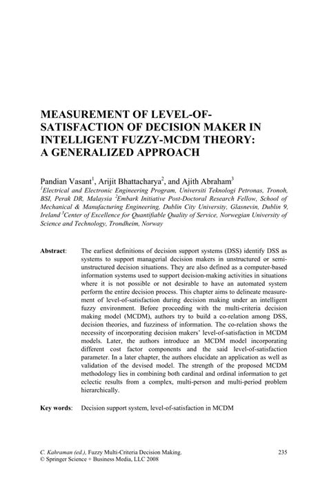 Pdf Measurement Of Level Of Satisfaction Of Decision Maker In Intelligent Fuzzy Mcdm Theory A