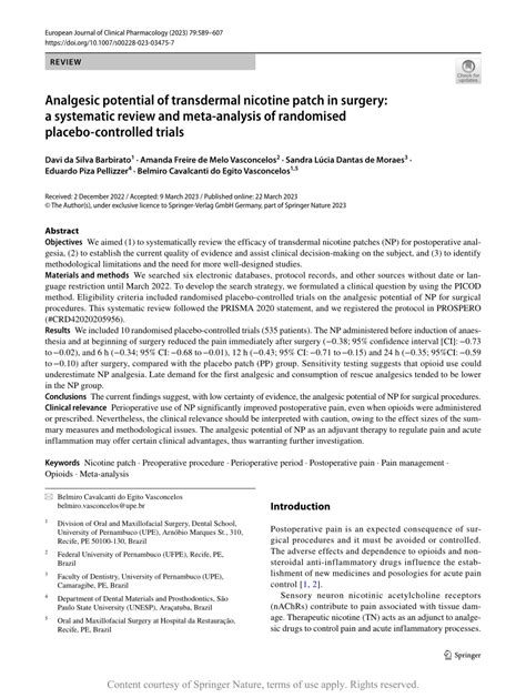 Analgesic Potential Of Transdermal Nicotine Patch In Surgery A Systematic Review And Meta
