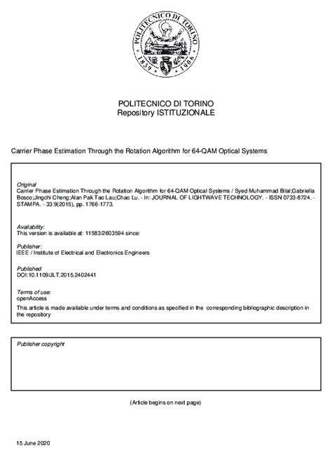 Pdf Carrier Phase Estimation Through The Rotation Algorithm For 64
