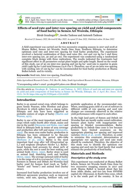 Pdf Effects Of Seed Rate And Inter Row Spacing On Yield And Yield Components Of Food Barley In