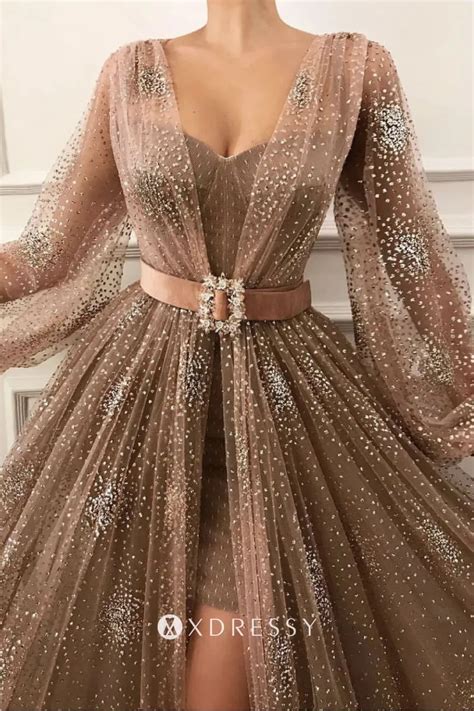 Thigh Split Beaded Coffee Sheer Tulle Evening Gown Xdressy