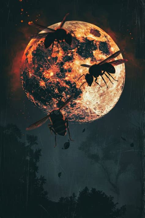 Three Large Wasps Fly Near The Night Moon Stock Illustration