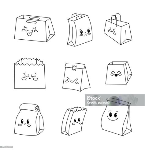 귀여운 행복한 종이 봉지입니다 색칠 공부 페이지 재미 있은 음식 제품 상자 포장 만화 쇼핑백 벡터 그리기 디자인 요소 모음입니다