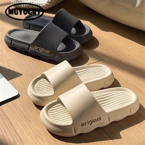 남녀공용 여름 슬리퍼 부드럽고 두꺼운 플랫폼 슬라이드 야외 Eva 사일런트 욕실 비치 샌들 커플 미끄럼 방지 대형 신발 Aliexpress