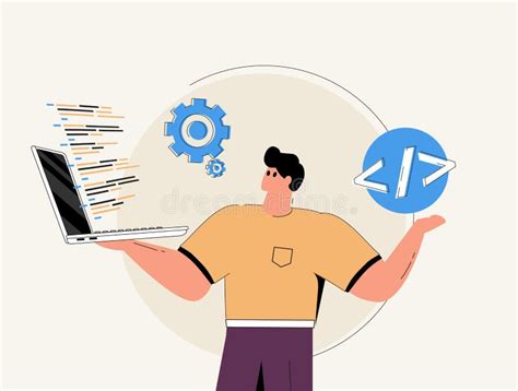 Code A Young Man Sits With Laptop Writing Code The Concept Of Coding