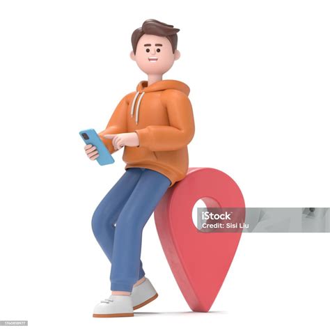 지도 핀 옆에 스마트 폰을 사용하는 남성 남자 카디르의 3d 그림 흰색 배경에 3d 렌더링 입체 이미지에 대한 스톡 사진 및