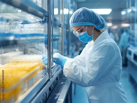 Worker Conducting Final Product Checks In A Sterile Lab Environment Cleanroom Inspection