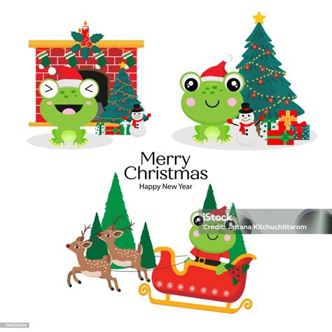 산타 클로스 모자를 쓰고 귀여운 개구리와 메리 크리스마스 카드 개구리에 대한 스톡 벡터 아트 및 기타 이미지 개구리 겨울 계절 Istock