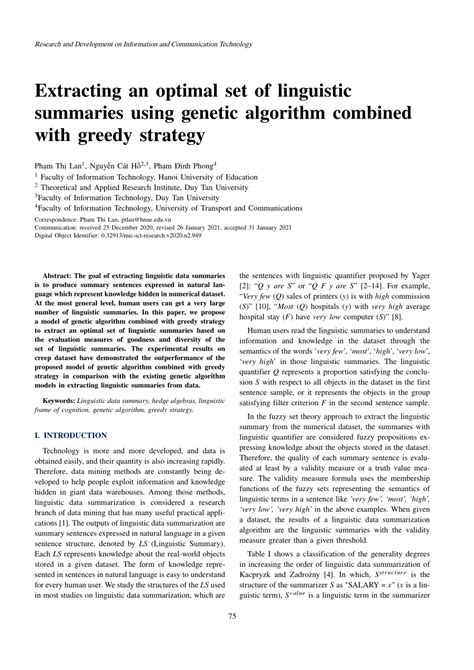 Pdf Extracting An Optimal Set Of Linguistic Summaries Using Genetic Algorithm Combined With