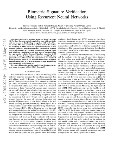 Pdf Biometric Signature Verification Using Recurrent Neural Networks