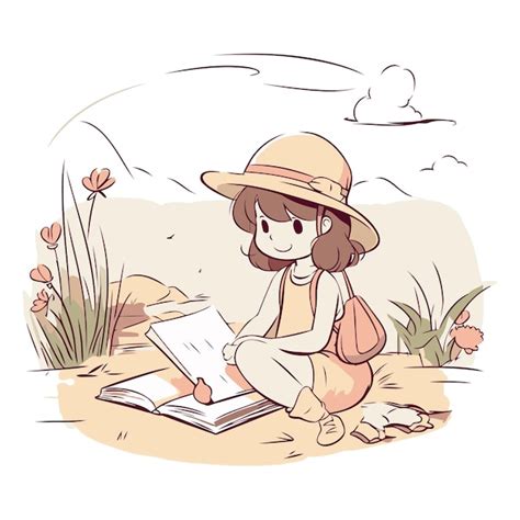 공원에서 책을 읽는 어린 소녀의 일러스트레이션 프리미엄 Ai 생성 벡터