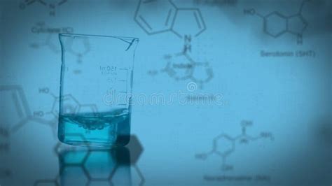 Animation Of Molecule Structures Over Liquid Moving In Laboratory Flask