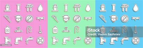 세트 라인 산업 밸브 걸레 물이 새는 깨진 파이프 정수 필터 난방용 전기 보일러 파이프 조절 렌치 소화전 및 드롭 금지 아이콘 벡터 보일러에 대한 스톡 벡터 아트 및 기타