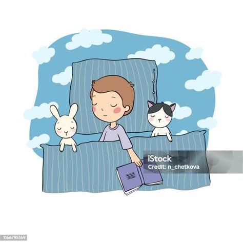 아이는 장난감을 가지고 자고 있습니다 좋은 꿈꾸세요 취침 시간 안녕히 주무세요 흰색 배경에 격리된 개체입니다 벡터 그림입니다 공휴일에 대한 스톡 벡터 아트 및 기타 이미지