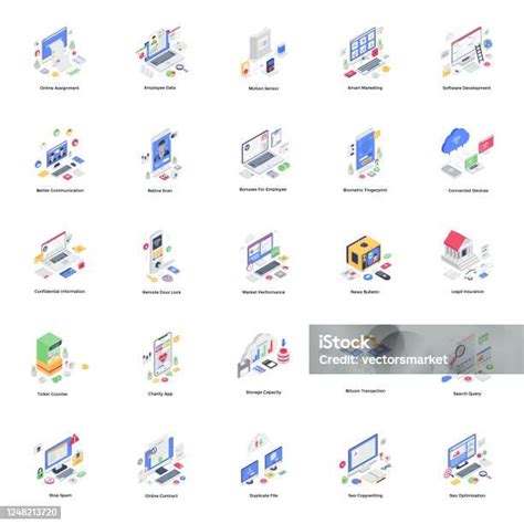 온라인 데이터 및 통신 아이소메트릭 일러스트레이션 팩 일함에 대한 스톡 벡터 아트 및 기타 이미지 일함 컴퓨터 소프트웨어