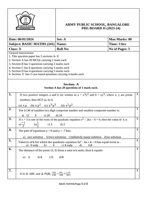 Preboard 2023 24 Basic Maths Pdf Area Numbers