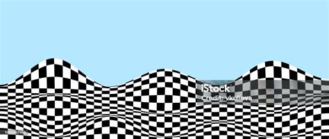 파란색 배경에 물결 모양의 체크 무늬 흑백 곡선 뒤틀린 체스판 바닥 Trippy는 사각형 텍스처 표면을 물결 모양으로 만듭니다 풍경 지형 개념입니다 벡터 착시 벽지입니다