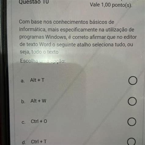 Questão 9 Ainda não respondida Vale 1 00 ponto s O Word é possível