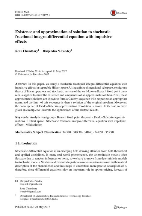 Pdf Existence And Approximation Of Solution To Stochastic Fractional Integro Differential