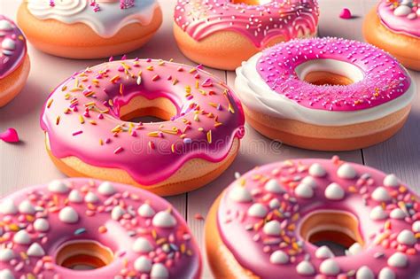 Pink Donuts With Sprinkles Sweet Food Generative Ai Stock Illustration Illustration Of Donut