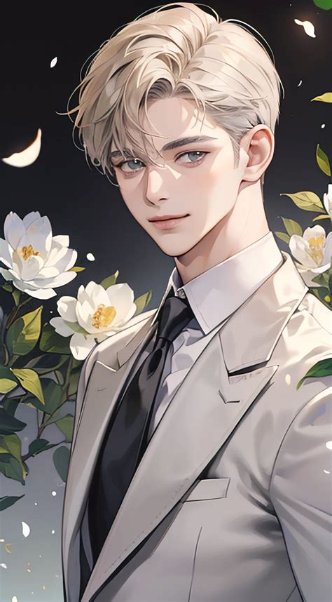 꽃 앞에 정장을 입고 넥타이를 맨 남자가 서 있다 Seaart Ai