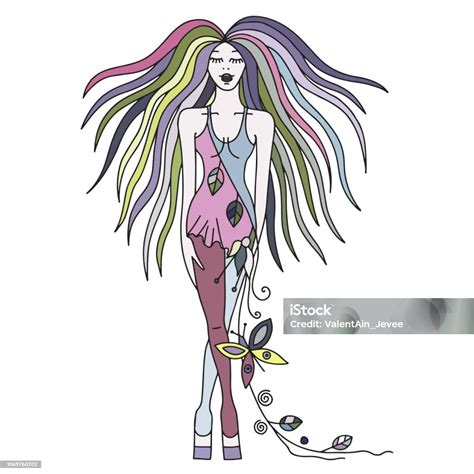 긴 머리를 가진 아름 다운 손 그려진된 예술 여자 벡터 꽃 잎 나비 드레스 크리에이 티브 예술 장식 화려한 고립 된 여자입니다 선 도면입니다 가냘픈에 대한 스톡 벡터 아트