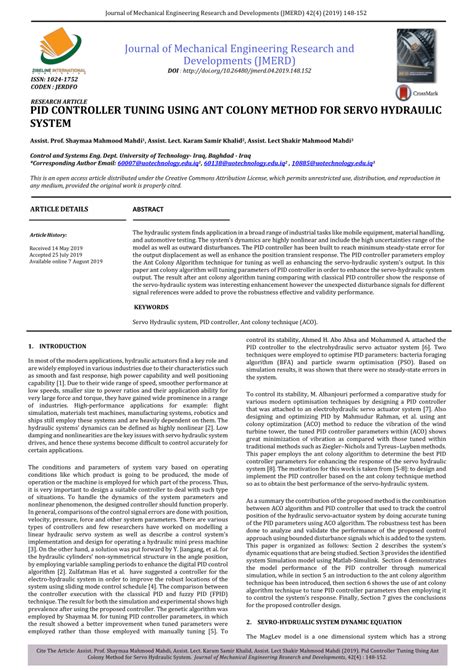 Pdf Pid Controller Tuning Using Ant Colony Method For Servo Hydraulic System
