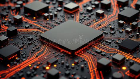 Modern Computer Cpu Chip On Motherboard Complex Tech Circuit Board With Orange Glowing Lines
