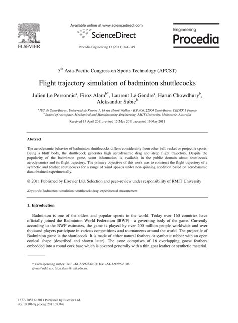 Pdf Flight Trajectory Simulation Of Badminton Shuttlecocks