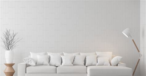 미니멀 스타일 거실 3d 렌더링 이미지 콘크리트 바닥이 있으며 흰색 나무 격자로 벽을 장식하고 흰색 패브릭 소파로 마감합니다 사진 Unsplash의 거실 이미지