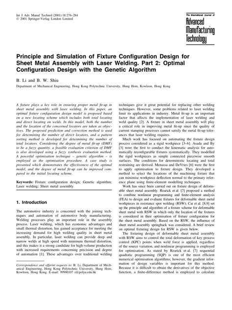 Pdf Principle And Simulation Of Fixture Configuration Design For Sheet Metal Assembly With