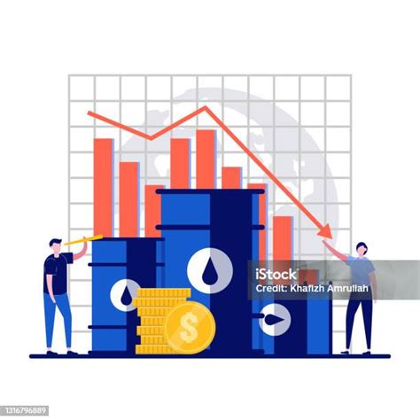 작은 문자와 유가 개념 하락 아래로 화살표 플랫 벡터 일러스트로 데이터를 분석하는 사람들 천연 탄수화물 금융 위기 은유에 대한