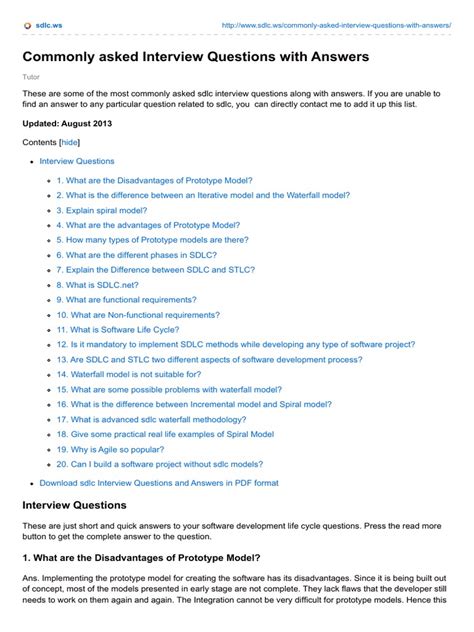 Commonly Asked Software Development Life Cycle Sdlc Interview
