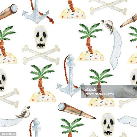 수채화 손 망원경 두개골 야자수 단검 앵커 섬과 해적 세트의 원활한 배경 그림을 그린 슬픔에 대한 어린이 그림 티셔츠 프린트 0명에 대한 스톡 벡터 아트 및 기타 이미지
