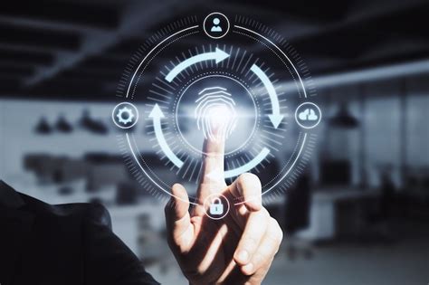 Premium Photo Close Up Of Businessman Hand Pointing At Abstract Glowing Fingerprint Id