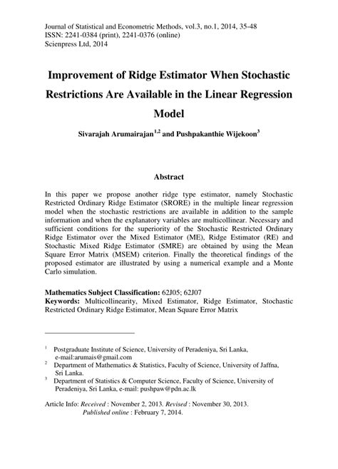 Pdf Improvement Of Ridge Estimator When Stochastic Restrictions Are