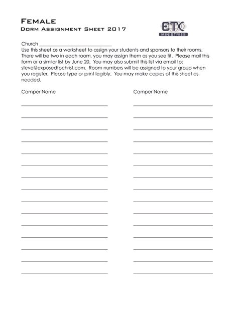 Fillable Online Dorm Assignment Sheet 2017 Fax Email Print Pdffiller