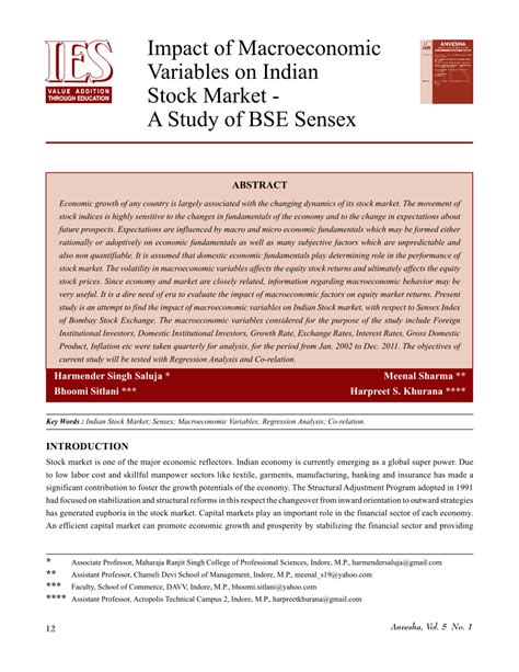 Pdf Impact Of Macroeconomic Variables On Indian Stock Market