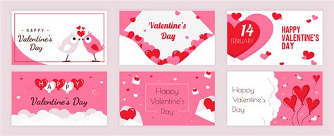 발렌타인 데이 표지 타이포그래피 템플릿 소셜 미디어용 세트 새 커플 키스 연애 편지 2 월 14 일 날짜 하트 풍선 낭만적 인 봉투와 인사말 카드 디자인 벡터 일러스트 레이